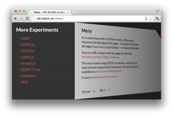 Meny — An experimental CSS 3D fold-in menu – Bram.us