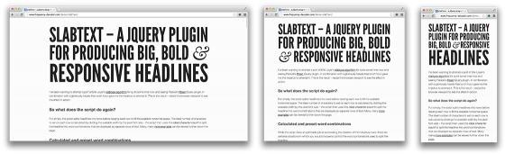 SlabText — A jQuery Plugin for producing big, bold & responsive headlines – Bram.us