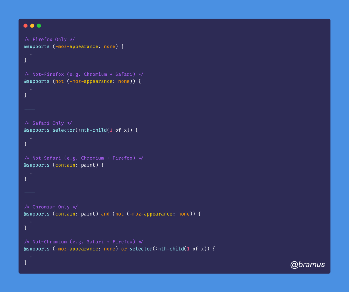 CSS @ supports rules to target only Firefox / Safari / Chromium – Bram.us